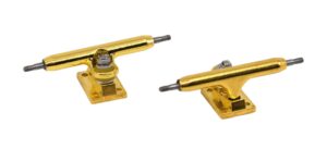 teak tuning prodigy fingerboard trucks with upgraded lock nuts, gold colorway - 32mm wide - includes pro duro 61a bubble bushings in teak teal