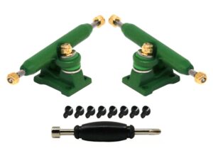 teak tuning prodigy fingerboard trucks with upgraded lock nuts, forest green colorway - 32mm wide - professional shape, appearance & components - includes pro duro 61a bubble bushings in teak teal