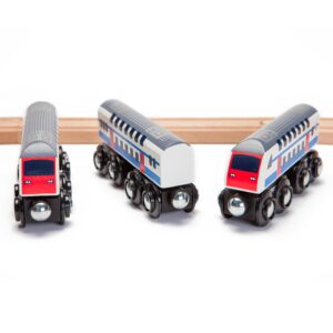 maxim enterprise, inc. double decker wooden train set of 2 engines & 1 passenger car, multi-level commuter transit toy, compatible with thomas & friends, brio, other major brand railways