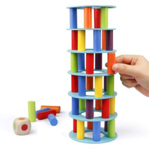 coogam wooden tower stacking game, fine motor skill montessori building blocks with dice toppling leaning tower toy party family games for kids and adults