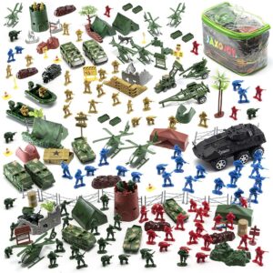 jaxojoy 200-piece army toys set - includes army men action figures, military vehicles, helicopters, tanks, boats, forts, tents, and more - durable plastic toy soldiers for boys, army playset for kids