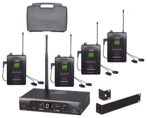 audio2000's awm630au uhf 100 selectable frequency wireless in-ear monitor system with four wireless receivers and a pvc carrying case