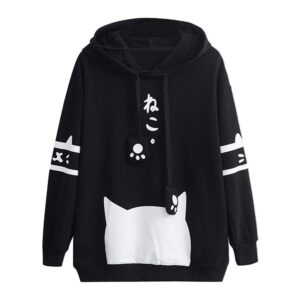 pullover hoodies sweatshirts for women long sleeve casual kitty cat print winter warm hooded coat jacket outerwear