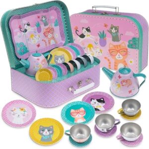 jewelkeeper toddler toys - tea party set for little girls - 15 piece toddler tea set includes teapot, cups, saucers, plates, and serving tray, cat design with carry case for easy storage