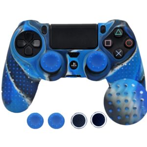 skinown silicone case anti-slip protective grip cover for ps4 controller with 4 thumb grips(blue camo)