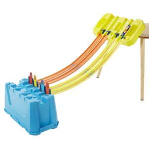 hot wheels toy car track builder playset, multi-lane speed box, 18 component parts with storage & 2 1:64 scale vehicles