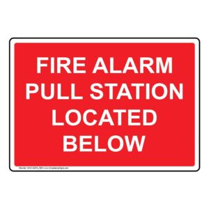 compliancesigns.com fire alarm pull station located below label decal, 7x5 inch vinyl for fire safety/equipment