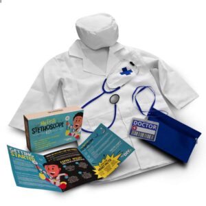 diy jr my first stethoscope doctor's kit - includes kid sized stethoscope, lab coat, surgical cap, name tag, lanyard and information booklet