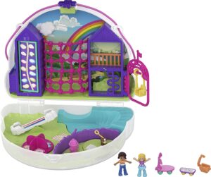 polly pocket rainbow dream wearable purse compact with 8 fun features, micro polly and shani dolls, 2 accessories and sticker sheet; for ages 4 and up