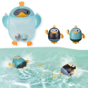 bath toys storage with 2 pack cute swimming duck baby bath toys for toddlers 1-3, baby bath toy organizer with 3 suction cups & 3 adhesive hooks, toddler bath toys, wind up bathtub toys for boy girl