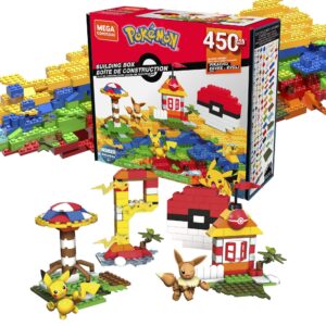 mega pokémon building toys set, building box with 450 pieces, 2 poseable characters and storage box, for kids