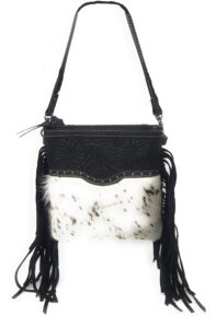 concealed carry leather western floral tool cowhide womens fringe clutch crossbody in 2 colors (black/white)