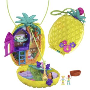 polly pocket dolls & accessories, 2-in-1 travel toy, pineapple purse playset with micro polly & lila dolls