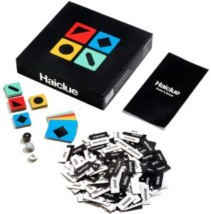 haiclue | fast-paced board game for 2-12 players | combine word tiles to create clues | creative activity for adults or families | two player cooperative or multiplayer competitive party game