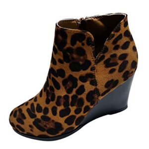 fheaven women's wedge ankle booties fashion leopard zipper short boots shoes