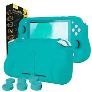 orzly grip case for nintendo switch lite – case with comfort padded hand grips, kickstand, & pack of thumb grips - turquoise blue