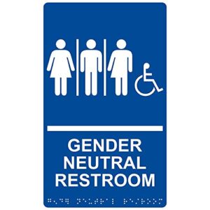 compliancesigns.com gender neutral restroom sign, ada-compliant braille and raised letters, 11x6 inch blue acrylic with adhesive mounting strips