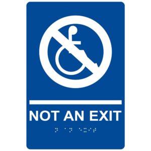 compliancesigns.com not an exit sign, ada-compliant braille and raised letters, 9x6 inch blue acrylic with adhesive mounting strips