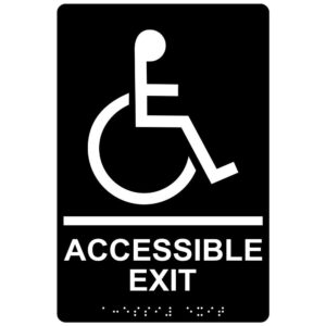 compliancesigns.com accessible exit sign, ada-compliant braille and raised letters, 9x6 inch black acrylic with adhesive mounting strips