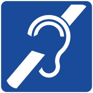 compliancesigns.com hearing impaired access symbol tactile sign, 6x6 inch blue acrylic with adhesive mounting strips