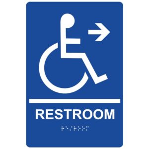 compliancesigns.com accessible restroom right sign, ada-compliant braille and raised letters, 9x6 inch blue acrylic with mounting strips