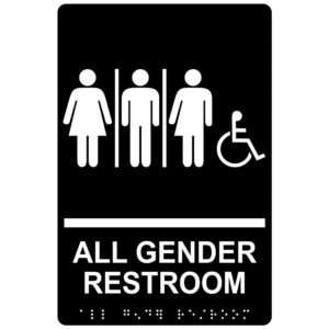 compliancesigns.com all gender restroom sign, ada-compliant braille and raised letters, 9x6 inch black acrylic with adhesive mounting strips