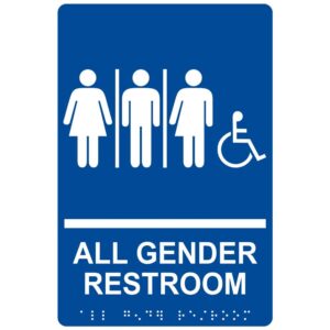 compliancesigns.com all gender restroom sign, ada-compliant braille and raised letters, 9x6 inch blue acrylic with adhesive mounting strips