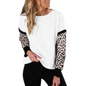 women's leopard blouse patchwork t-shirt autumn pullover casual tunic long sleeve tops (white,m)