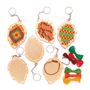 baker ross aw843 leaf wooden cross stitch keyring kits - pack of 5, fall and winter arts and crafts