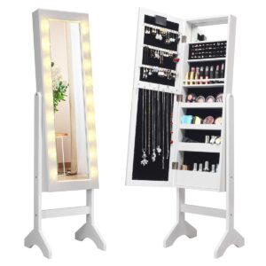 giantex standing jewelry armoire with 18 led lights around the door, large storage mirrored jewelry cabinet with full length mirror, 16 lipstick holders, 1 inside makeup mirror (white)