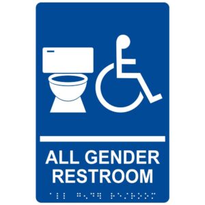 compliancesigns.com all gender restroom sign, ada-compliant braille and raised letters, 9x6 inch blue acrylic with adhesive mounting strips