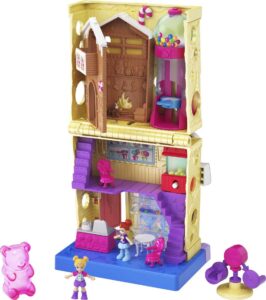 polly pocket pollyville candy store with 4 floors of fun, micro polly & lila dolls, 1 sticker sheet and 5 micro accessories