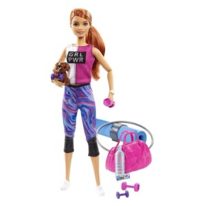 barbie doll, red-haired fitness doll with puppy & 9 accessories including yoga mat with strap, hula hoop, weights & bag