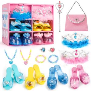 princess dress up shoes and jewelry boutique - 4 pairs of play shoes and pretend jewelry toys accessories play gift set for toddlers little girls aged 3,4,5,6 year old