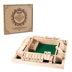 amerous 1-4 players shut the box dice game,classic 4 sided wooden board game with 10 dice and instructions for kids adults, tabletop version