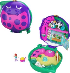 polly pocket playset, outdoor toy with 2 micro dolls & surprise accessories, pocket world lil ladybug garden compact