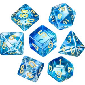 eboot 7-die polyhedral dice compatible with dnd dice set dungeons and dragons with black pouch (transparent blue)