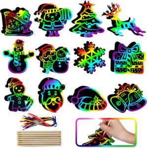 max fun christmas crafts scratch art for kids, 48pcs magic rainbow scratch off paper cards, christmas ornaments hanging art for kids party favors supplies, stocking stuffers educational toys