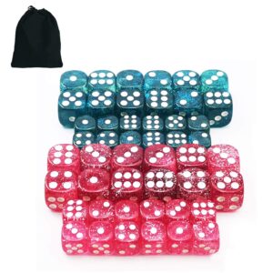 bescon ethereal glitter dice d6 16mm&12mm 48pcs set, game dice glitter rose and teal in 12mm&16mm each 12pcs