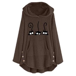 hoodies for women, fapizi women autumn winter crew neck cat printed shaggy fuzzy fleece long hooded sweatshirts pullover brown