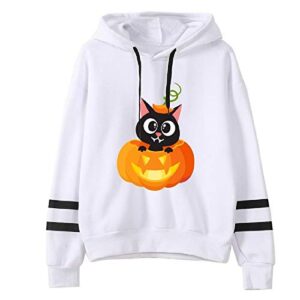 hoodies for women, fapizi women halloween pumpkin print crew neck stripe hooded sweatshirts pocket drawstring pullover