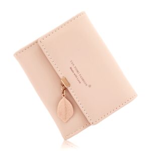 caliyo wallets for women, leaf card holder trifold small wallets for women , silm wallets zipper coins pocket with id window,pink