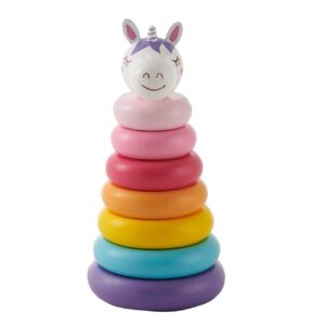 ruyu classic unicorn wooden rainbow stacking rings - 7 inches tall solid wood educational baby toy for toddler boys and girls age 18 months and up (8 natural solid wood pieces)