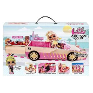 lol surprise car pool coupe with exclusive doll, and dance floor - toy car playset with black light headlight and play set accessories - great birthday gift for kids ages 6-8 years