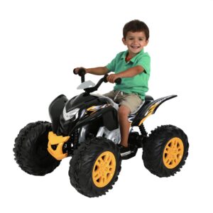 rollplay powersport atv 12v electric 4 wheeler featuring oversized wheels with rubber tire strips for added traction, working headlights, and a top speed of 3 mph, black/yellow