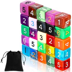 tecunite 25 pieces polyhedral dice set 6 sided game dice set with black pouch for table games (colorful)