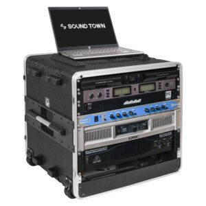 sound town lightweight 10u pa dj rack/road case with 9u rack space, abs construction, 19” depth, retractable handle, wheels and heavy-duty latches (strc-a10ut)