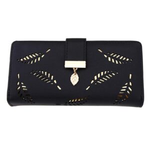 create idea black women long leaf bifold wallet purse clutch card holder synthetic material leaf-shaped metal pendant purse