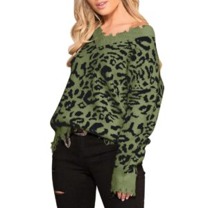 fapizi women's fashion leopard print off shoulder ripped sweater v neck long sleeve distressed knit pullover jumper tops