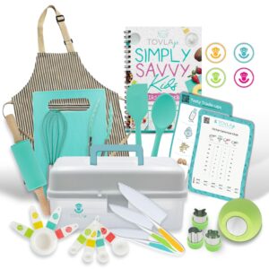 tovla jr. kids real cooking and baking gift set with cookbook and storage case- montessori complete cooking supplies for the junior chef - set for girls & boys - utensils and kid safe knives.